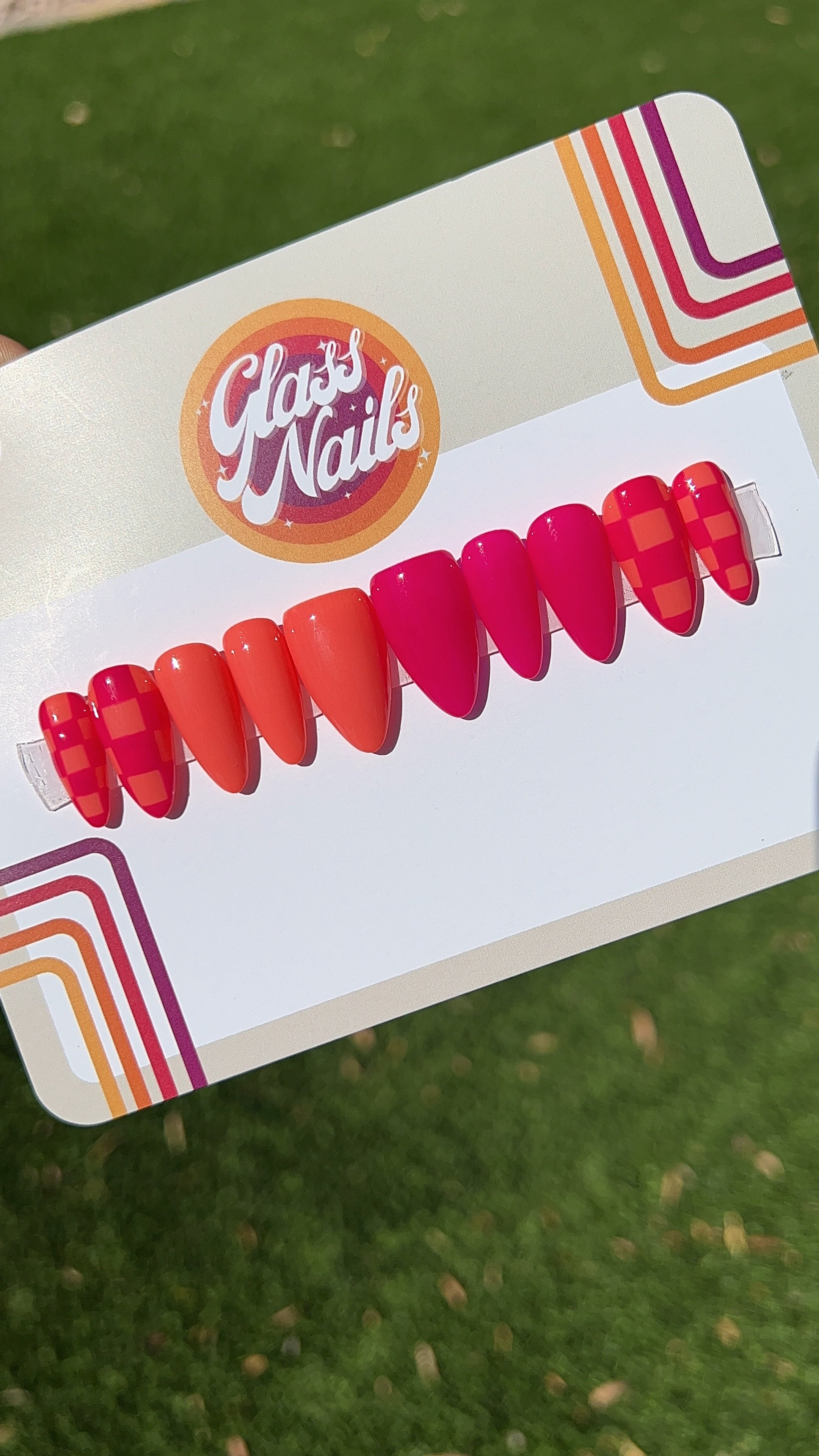 Hot Pink & Orange Checkers | Glass Nails